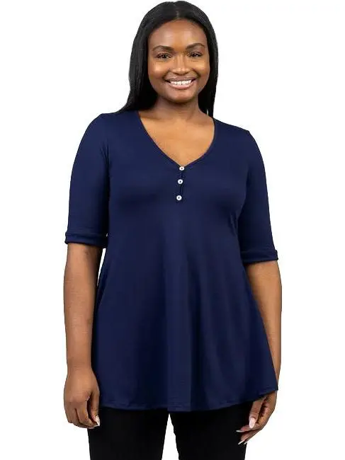 24SEVEN COMFORT APPAREL Elbow Sleeve Henley Tunic Top - Navy