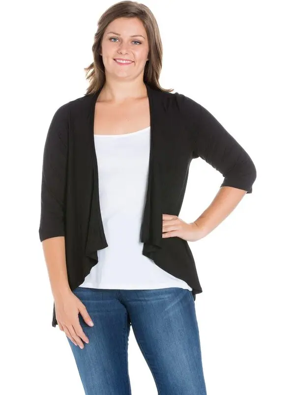 24SEVEN COMFORT APPAREL Elbow Length Sleeve Open Cardigan - Black