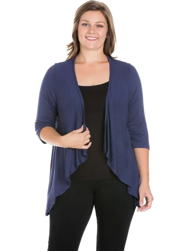24SEVEN COMFORT APPAREL Elbow Length Sleeve Open Cardigan - Navy