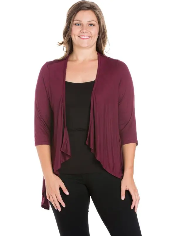24SEVEN COMFORT APPAREL Elbow Length Sleeve Open Cardigan - Wine