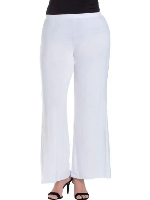 24SEVEN COMFORT APPAREL Flared Leg Palazzo Pants With Elastic Waist - White