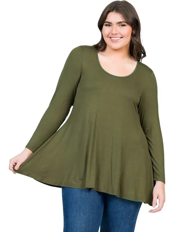 24SEVEN COMFORT APPAREL Poised Long Sleeve Swing Tunic Top - Army