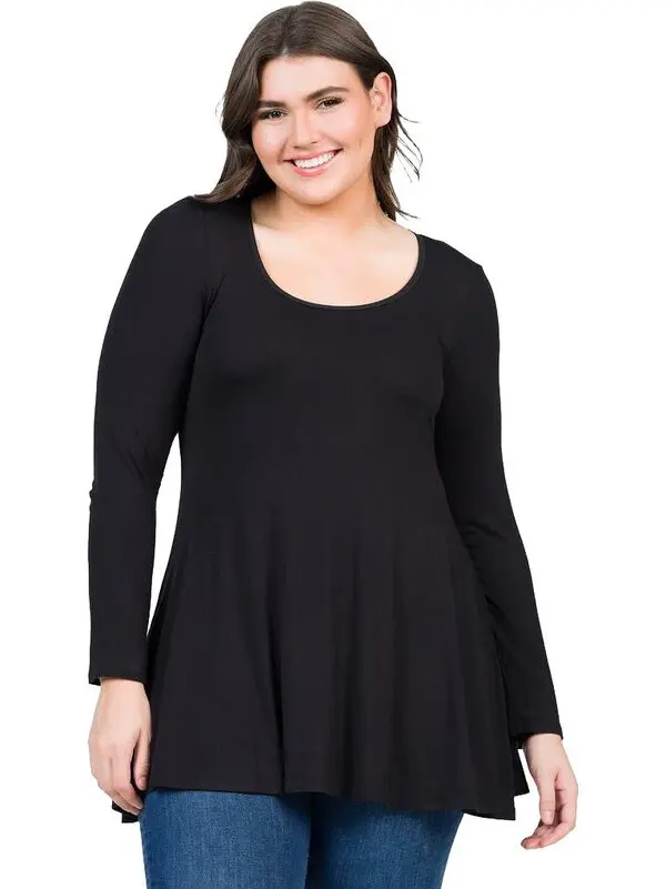 24SEVEN COMFORT APPAREL Poised Long Sleeve Swing Tunic Top - Black