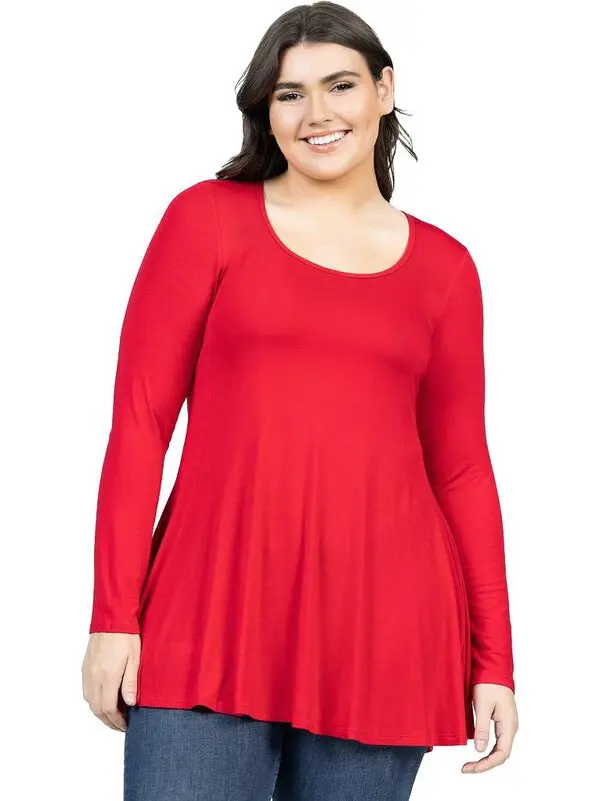 24SEVEN COMFORT APPAREL Poised Long Sleeve Swing Tunic Top - Red