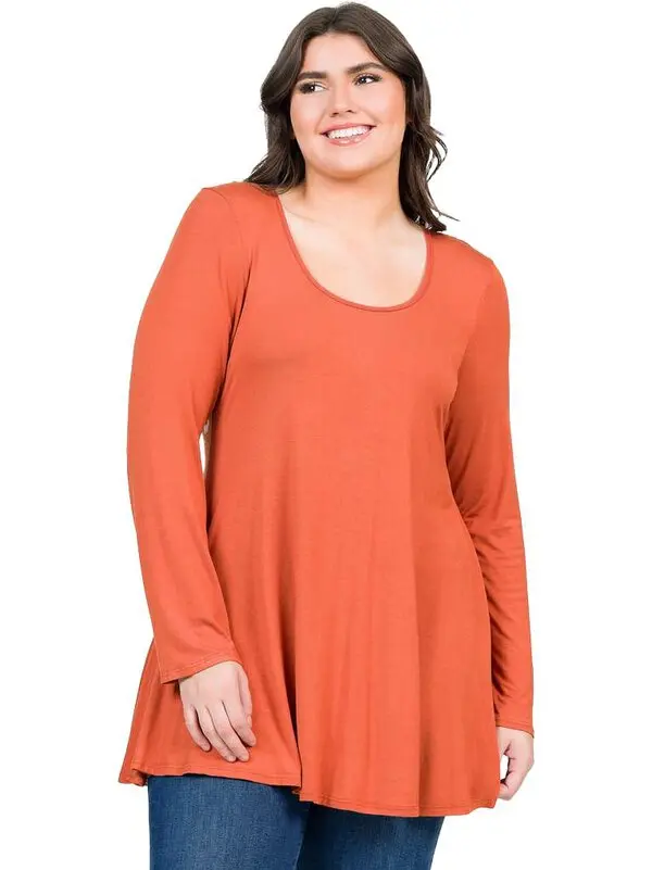 24SEVEN COMFORT APPAREL Poised Long Sleeve Swing Tunic Top - Rust