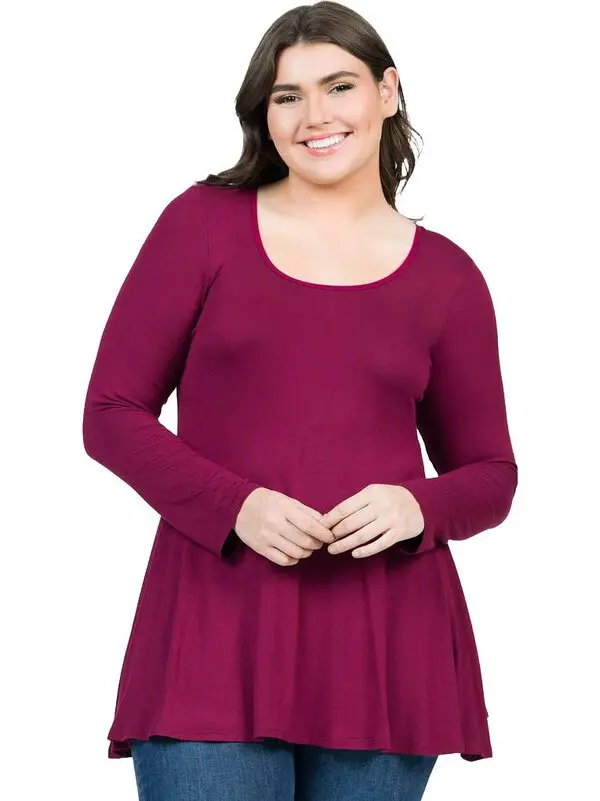 24SEVEN COMFORT APPAREL Poised Long Sleeve Swing Tunic Top - Wine