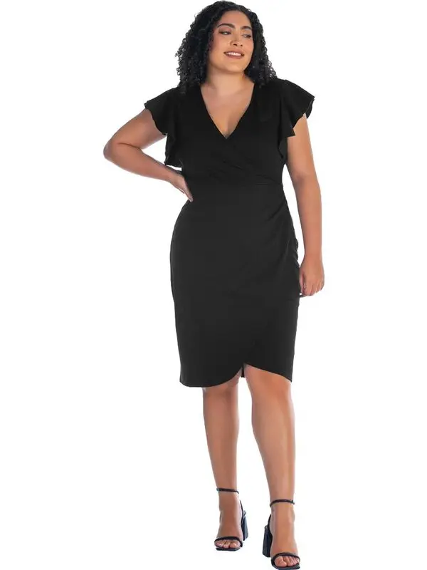 24SEVEN COMFORT APPAREL V-neck Ruffle Sleeve Knee-length Dress - Black