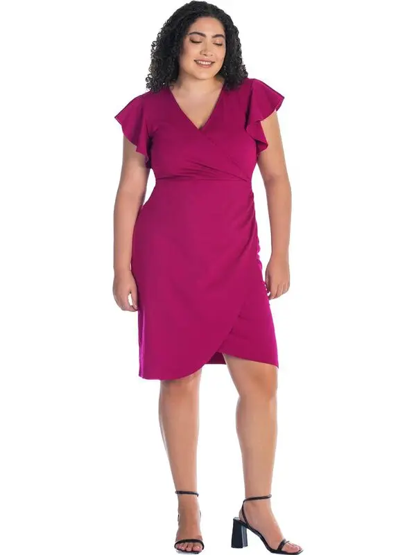 24SEVEN COMFORT APPAREL V-neck Ruffle Sleeve Knee-length Dress - Magenta
