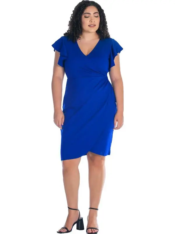 24SEVEN COMFORT APPAREL V-neck Ruffle Sleeve Knee-length Dress - Royal