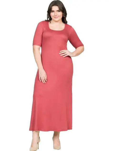 24SEVEN COMFORT APPAREL Elbow Length Sleeve Maxi Dress - Brick