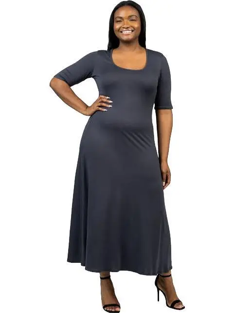 24SEVEN COMFORT APPAREL Elbow Length Sleeve Maxi Dress - Charcoal