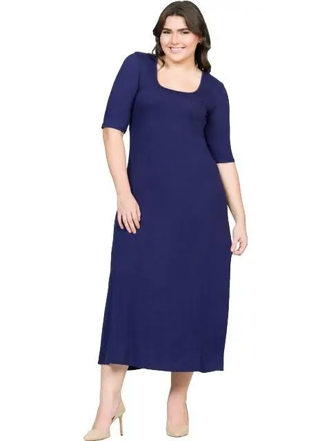 24SEVEN COMFORT APPAREL Elbow Length Sleeve Maxi Dress - Navy