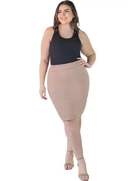 24SEVEN COMFORT APPAREL Elastic Waist Knee Length Pencil Skirt - Mocha
