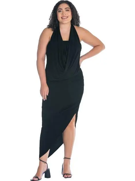 24SEVEN COMFORT APPAREL Cowl Neck Long Asymmetrical Backless Halter Dress - Black