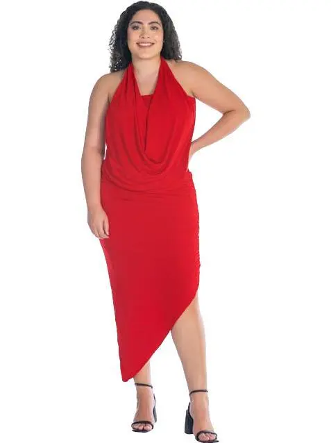 24SEVEN COMFORT APPAREL Cowl Neck Long Asymmetrical Backless Halter Dress - Red