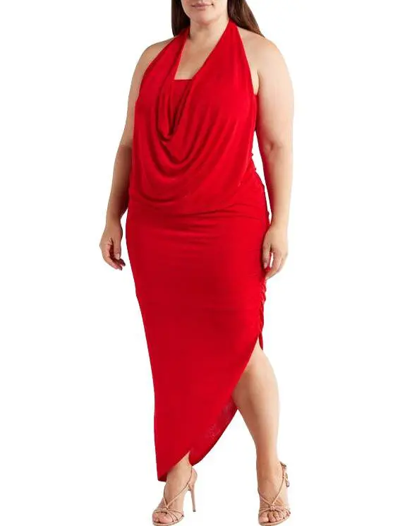 24SEVEN COMFORT APPAREL Cowl Neck Asymmetric Hem Stretch Dress - Red