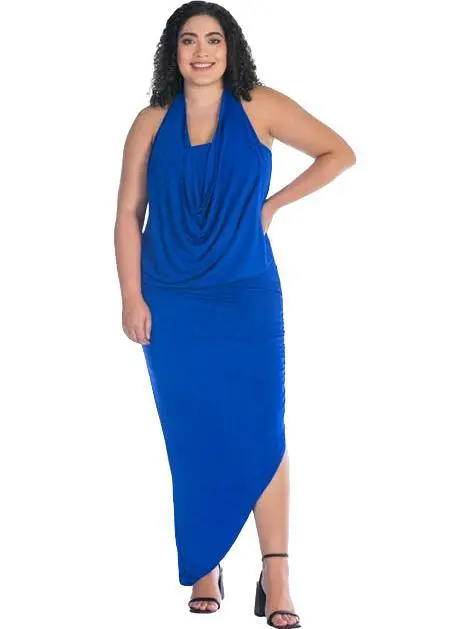24SEVEN COMFORT APPAREL Cowl Neck Long Asymmetrical Backless Halter Dress - Royal