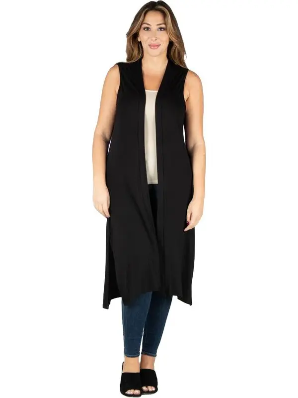 24SEVEN COMFORT APPAREL Long Sleeveless Cardigan Vest - Black