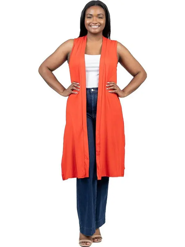 24SEVEN COMFORT APPAREL Long Sleeveless Cardigan Vest - Orange