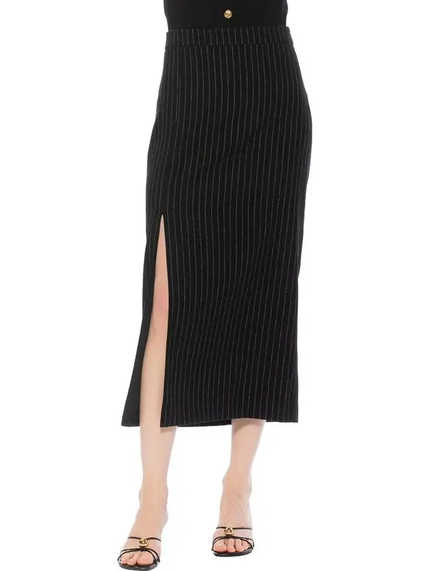 ALEXIA ADMOR Onyx Midi Skirt With Waistband And Side Slit - Black Pinstripe