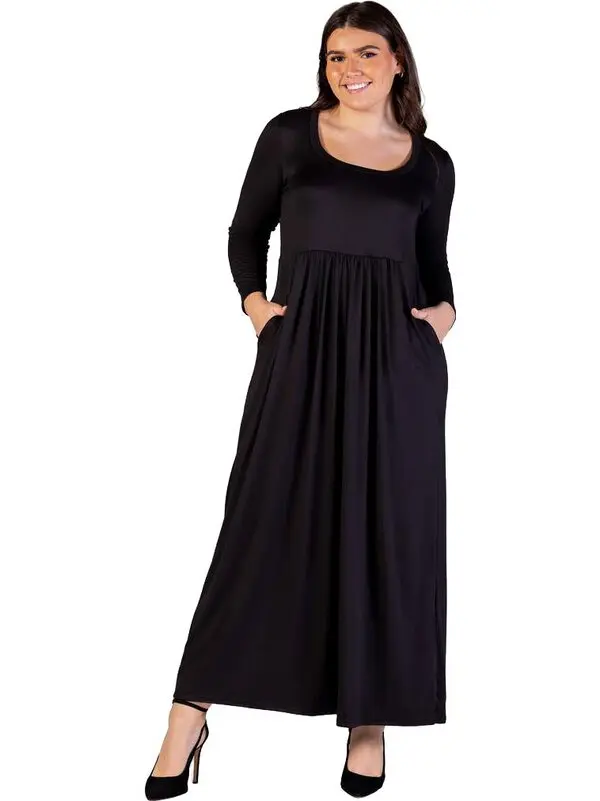 24SEVEN COMFORT APPAREL Long Sleeve Empire Waist Pocket Maxi Dress - Black