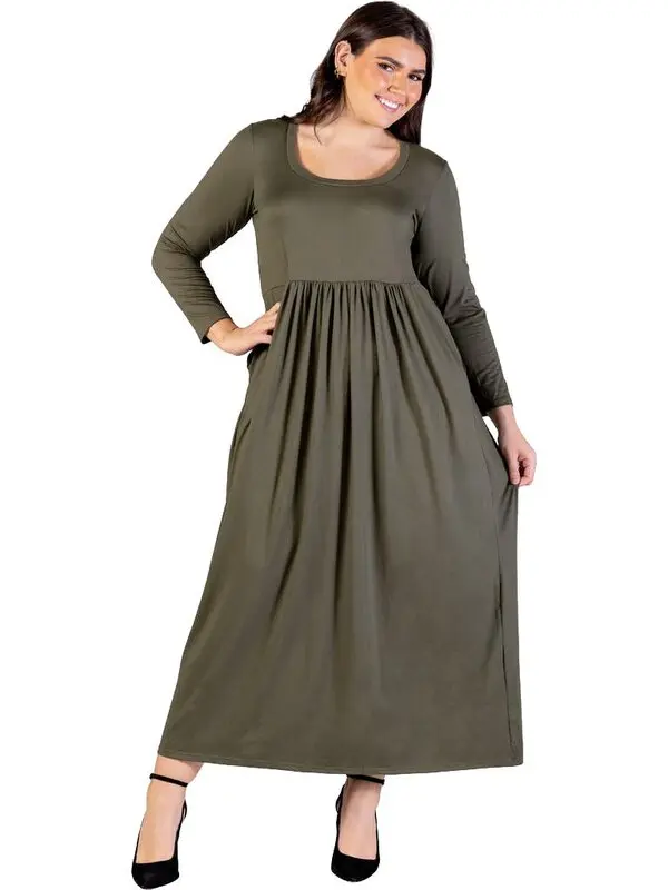 24SEVEN COMFORT APPAREL Long Sleeve Empire Waist Pocket Maxi Dress - Olive