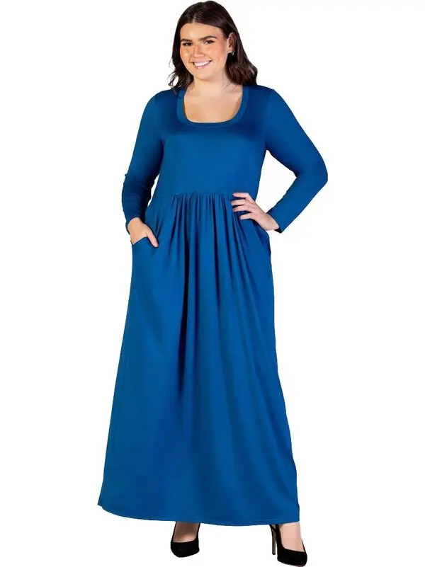 24SEVEN COMFORT APPAREL Long Sleeve Empire Waist Pocket Maxi Dress - Teal