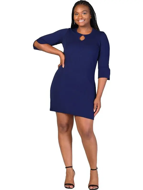 24SEVEN COMFORT APPAREL Keyhole Three Quarter Sleeve Mini Dress - Navy