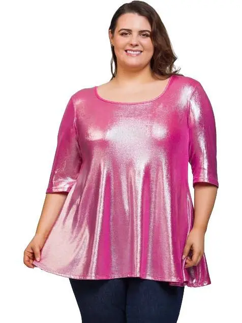 24SEVEN COMFORT APPAREL Metallic Scoop Neck Flared Tunic Top - Pink