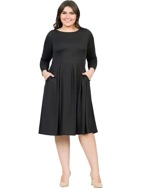 24SEVEN COMFORT APPAREL Long Sleeve Fit And Flare Midi Dress - Black