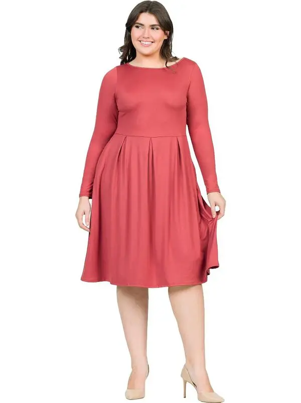 24SEVEN COMFORT APPAREL Long Sleeve Fit And Flare Midi Dress - Brick
