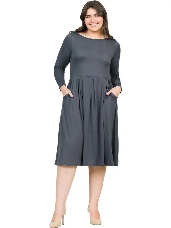 24SEVEN COMFORT APPAREL Long Sleeve Fit And Flare Midi Dress - Grey
