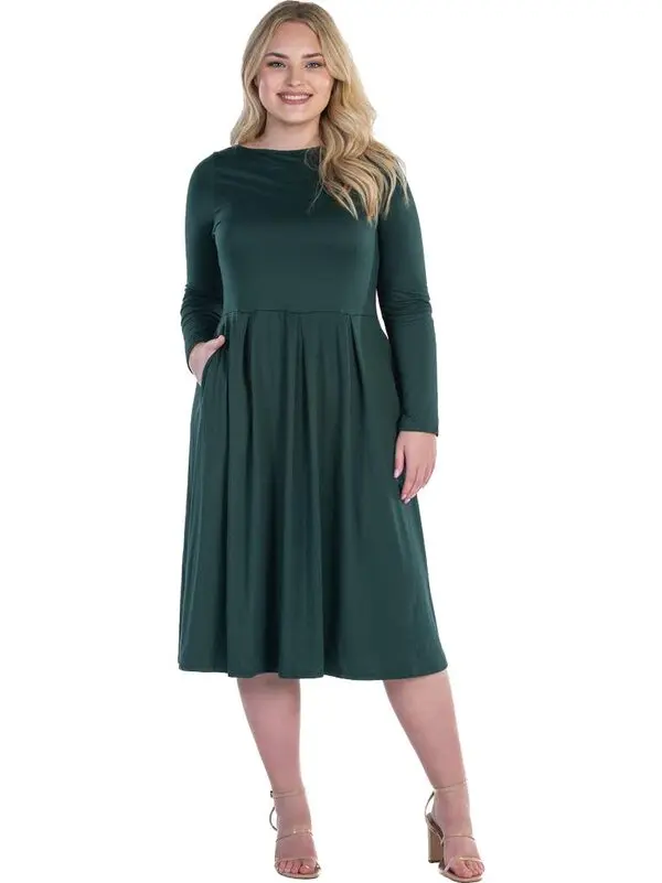 24SEVEN COMFORT APPAREL Long Sleeve Fit And Flare Midi Dress - Hunter