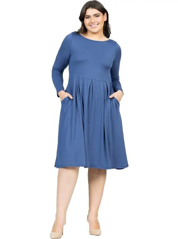 24SEVEN COMFORT APPAREL Long Sleeve Fit And Flare Midi Dress - Indigo