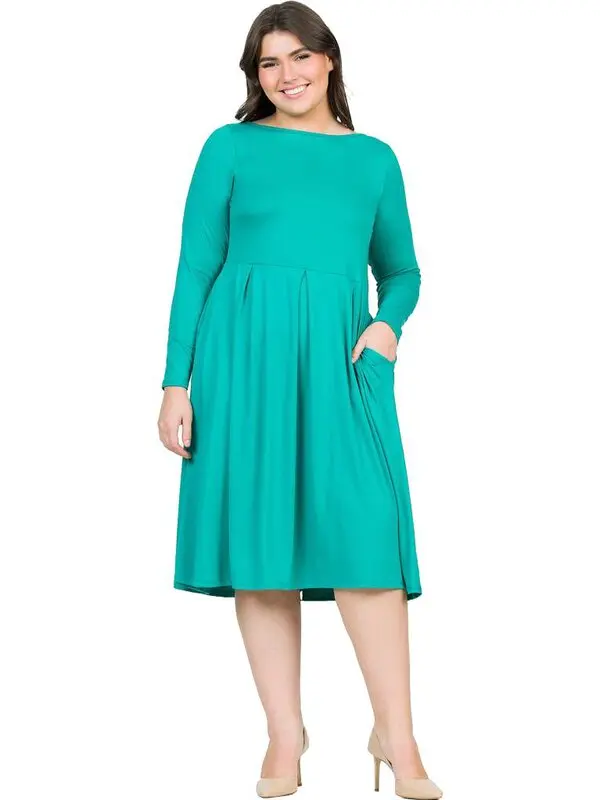 24SEVEN COMFORT APPAREL Long Sleeve Fit And Flare Midi Dress - Jade