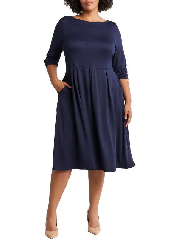 24SEVEN COMFORT APPAREL Long Sleeve Jersey Fit & Flare Midi Dress - Navy