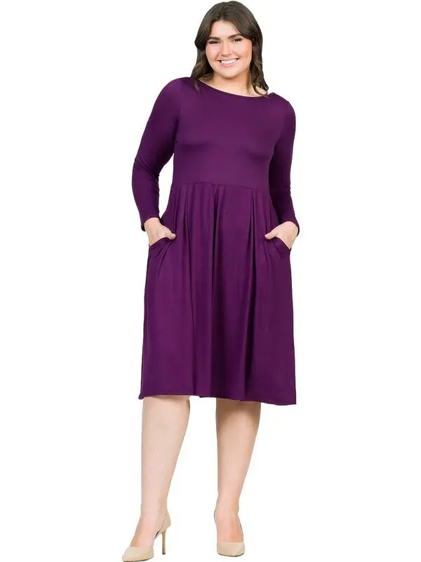 24SEVEN COMFORT APPAREL Long Sleeve Fit And Flare Midi Dress - Purple