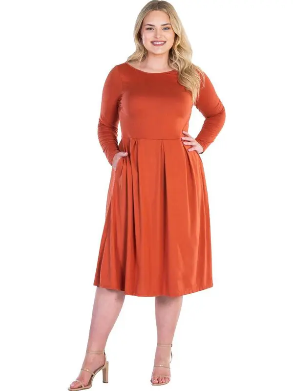 24SEVEN COMFORT APPAREL Long Sleeve Fit And Flare Midi Dress - Rust