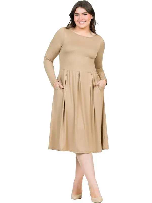 24SEVEN COMFORT APPAREL Long Sleeve Fit And Flare Midi Dress - Wheat