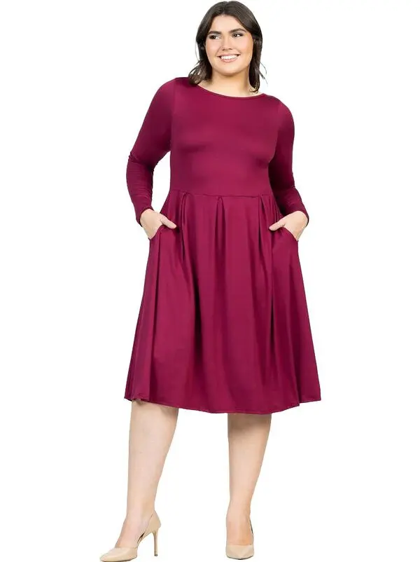 24SEVEN COMFORT APPAREL Long Sleeve Fit And Flare Midi Dress - Wine
