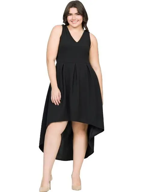 24SEVEN COMFORT APPAREL High-low Fit And Flare Party Dress With Pockets - Black