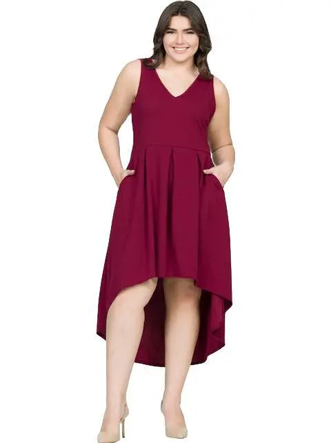 24SEVEN COMFORT APPAREL High-low Fit And Flare Party Dress With Pockets - Burgundy