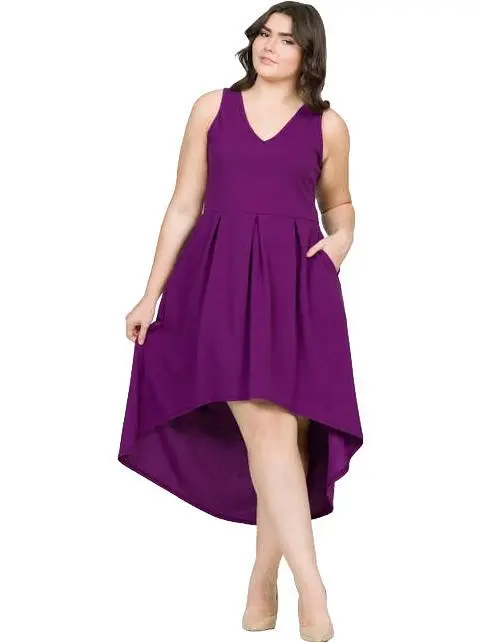 24SEVEN COMFORT APPAREL High-low Fit And Flare Party Dress With Pockets - Purple