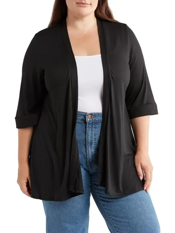24SEVEN COMFORT APPAREL Open Front Cardigan With Fold-over Cuff Sleeves - Black