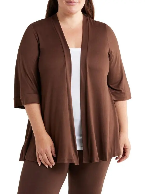24SEVEN COMFORT APPAREL Open Front Cardigan With Fold-over Cuff Sleeves - Brown