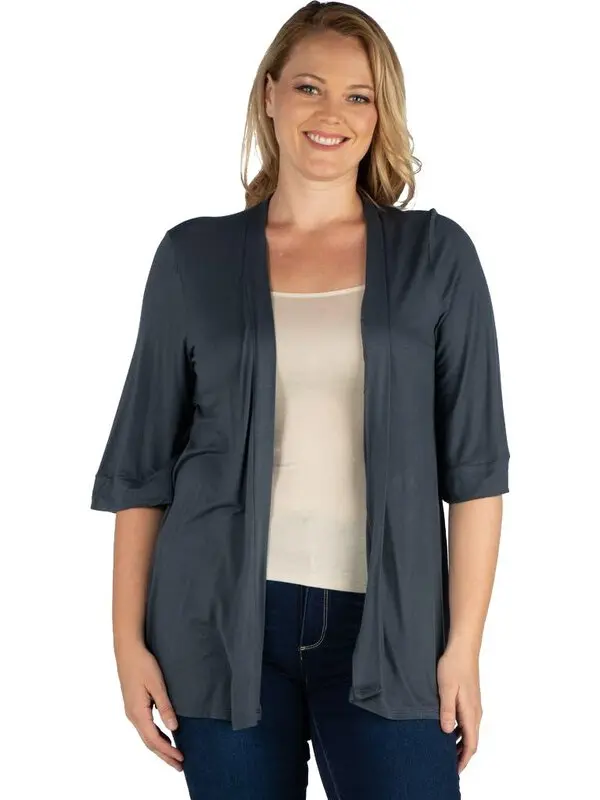 24SEVEN COMFORT APPAREL Elbow Length Sleeve Open Front Cardigan - Charcoal