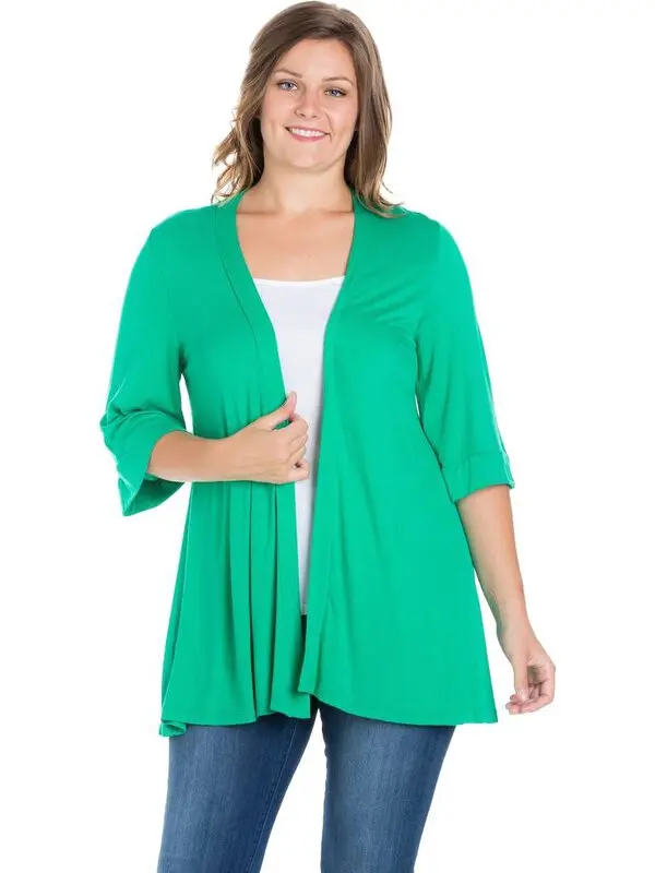 24SEVEN COMFORT APPAREL Elbow Length Sleeve Open Front Cardigan - Grass