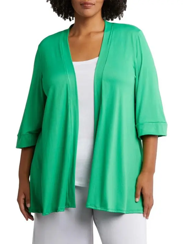 24SEVEN COMFORT APPAREL Open Front Cardigan With Fold-over Cuff Sleeves - Grass