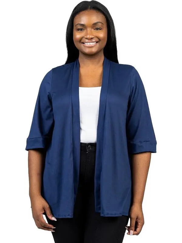 24SEVEN COMFORT APPAREL Elbow Length Sleeve Open Front Cardigan - Navy