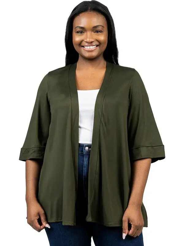 24SEVEN COMFORT APPAREL Elbow Length Sleeve Open Front Cardigan - Olive